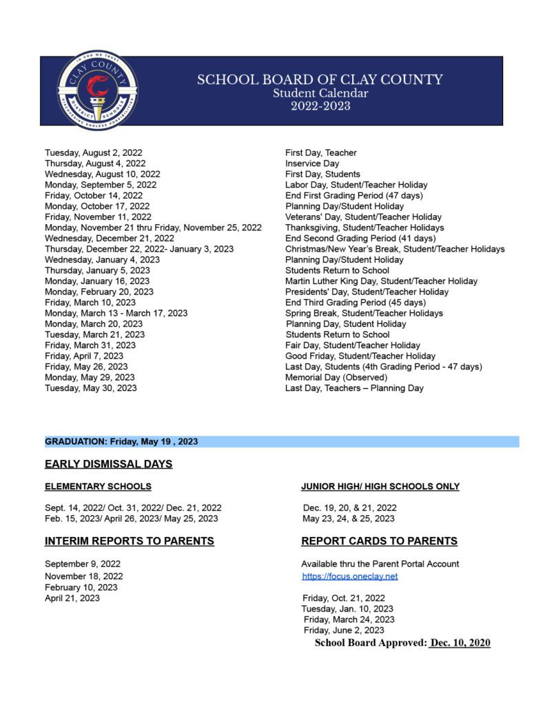 Clay County School Calendar 2022-2023